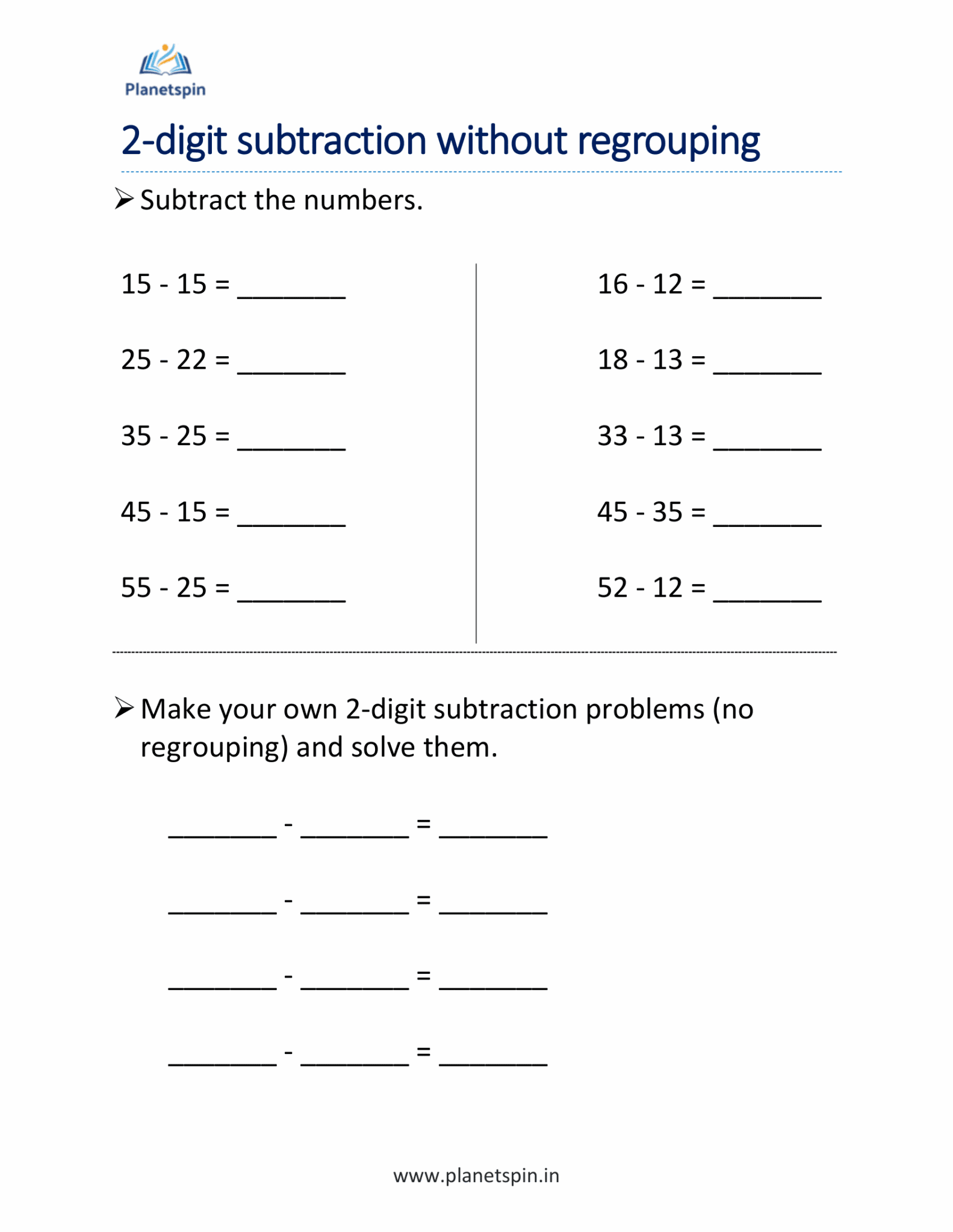 Two digit subtraction without regrouping worksheets | Planetspin.in