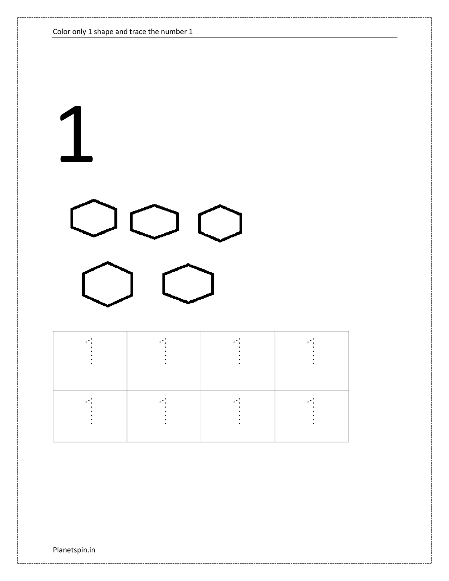 Number 1 tracing worksheet for kindergarten | Planetspin.in