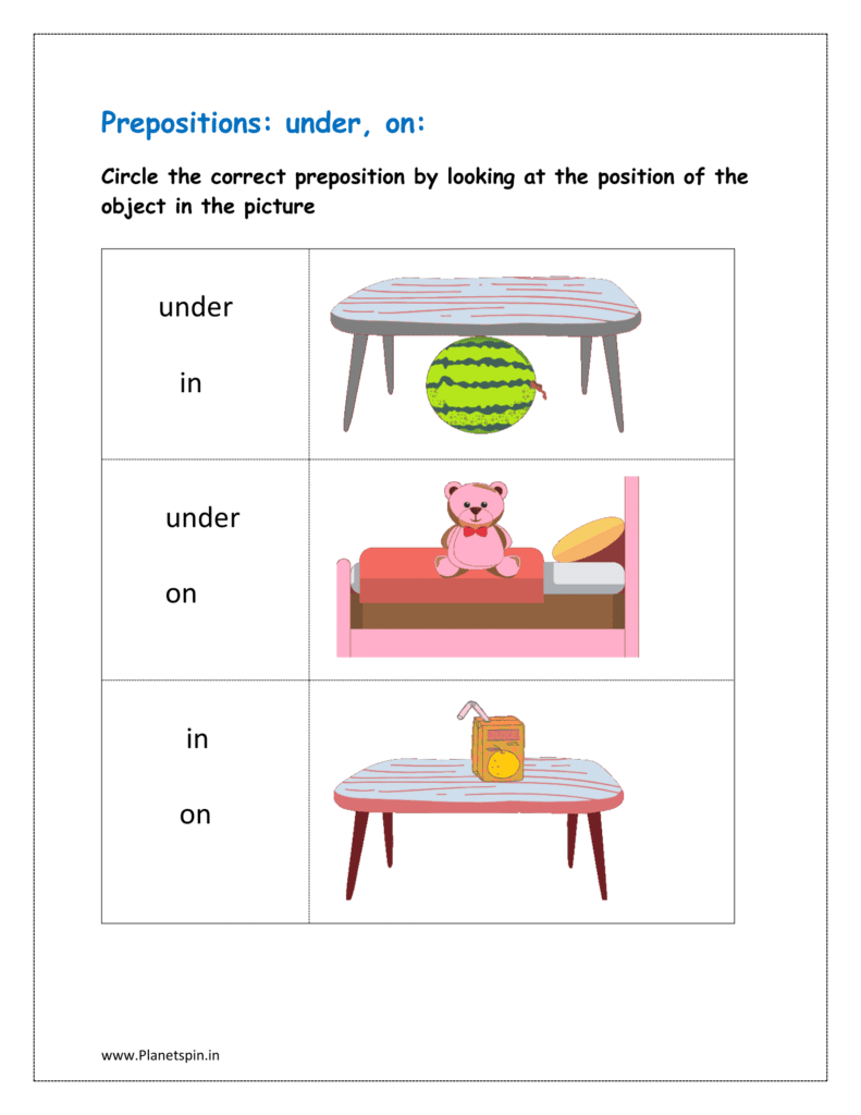 Preposition worksheet for class 1 | Planetspin.in
