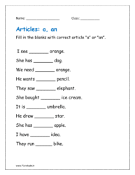 Articles worksheet for class 1 | Planetspin.in