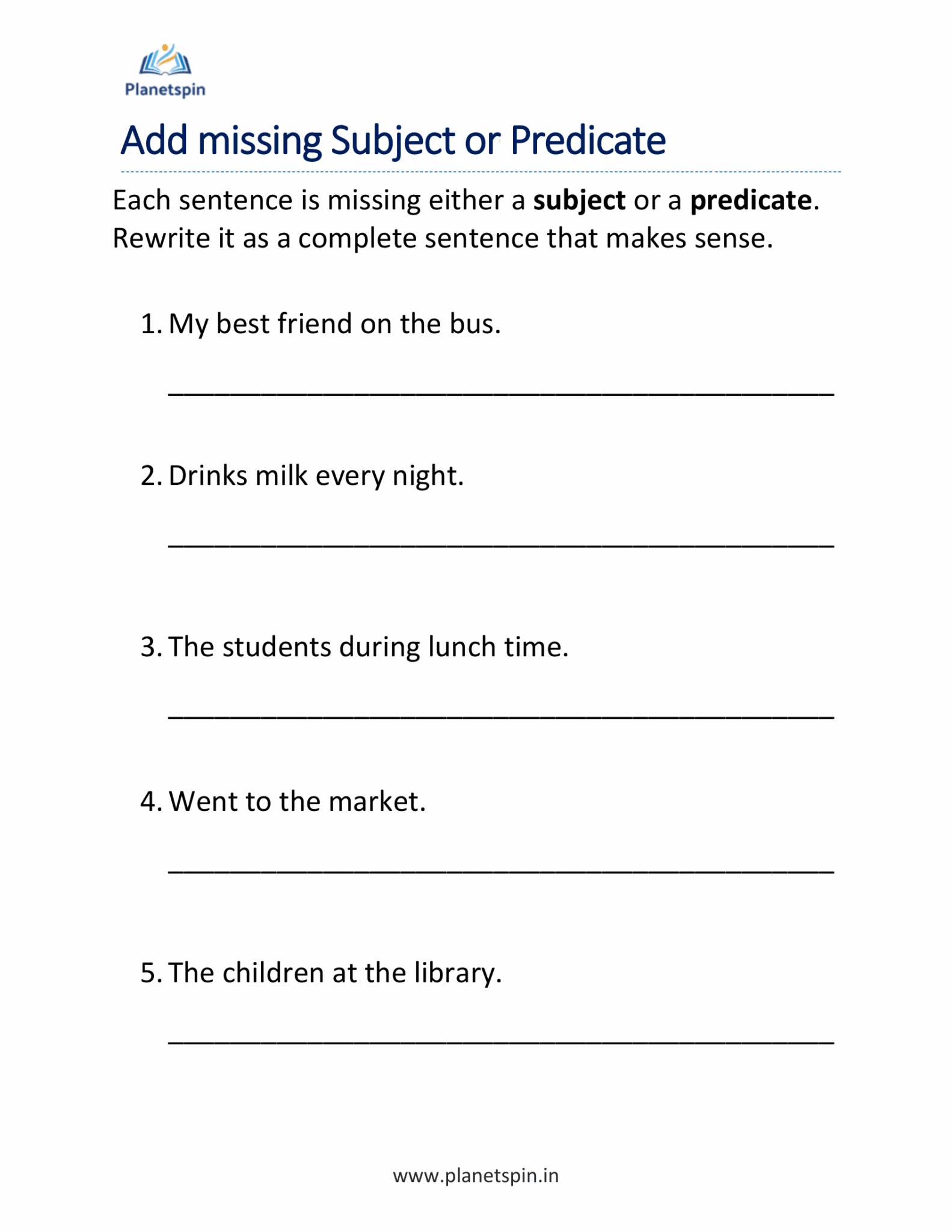 Subject vs predicate worksheets for grade 2 | Planetspin.in
