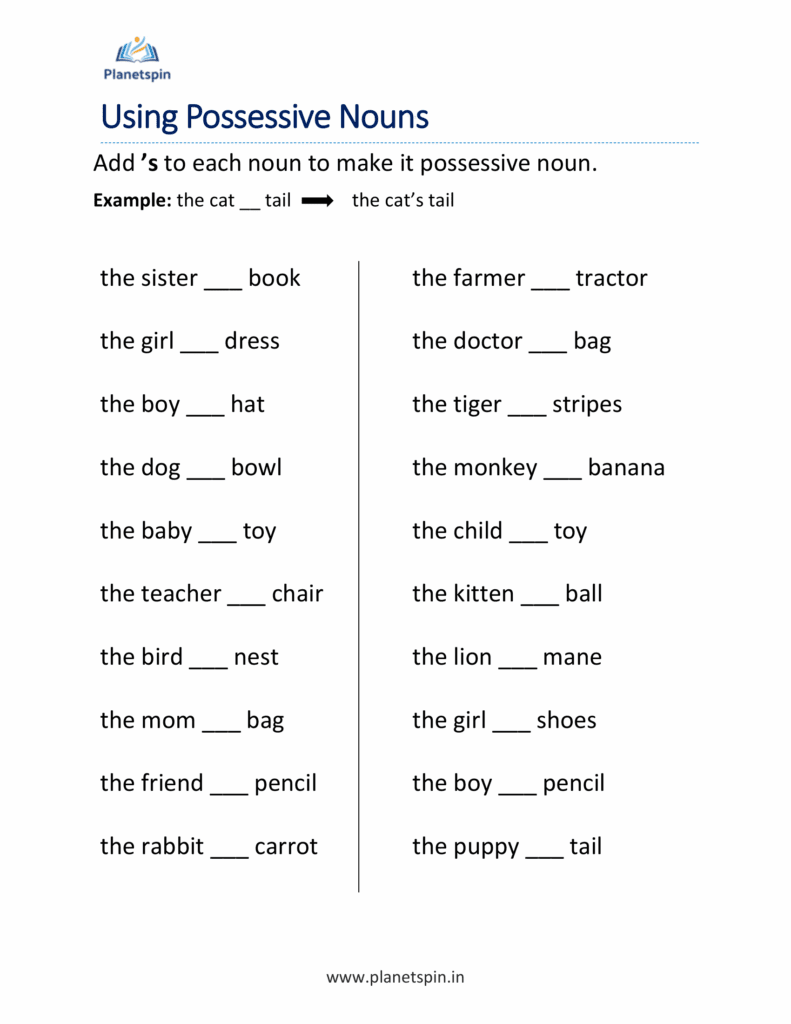 Possessive nouns worksheet for grade 1 | Planetspin.in