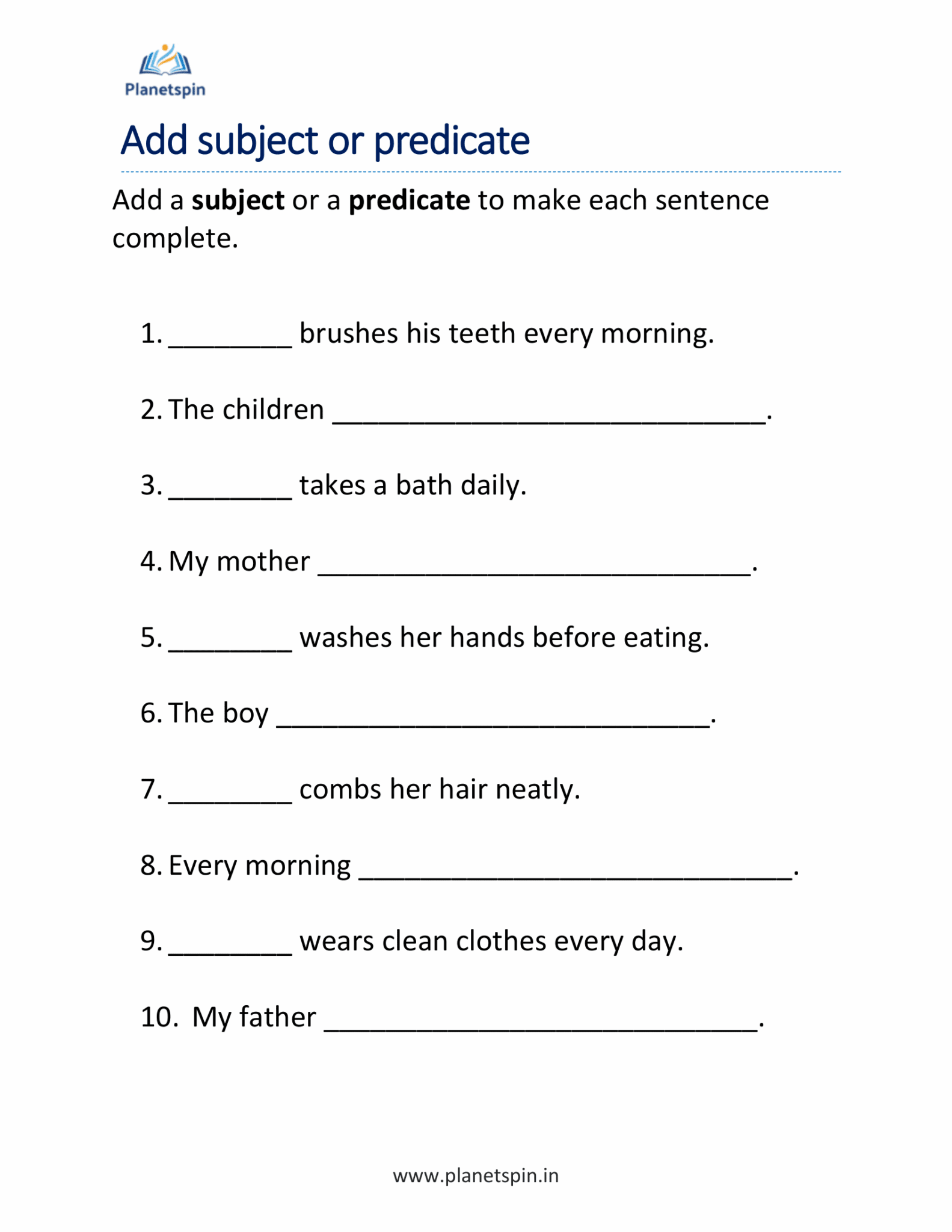 Subject vs predicate worksheets for grade 2 | Planetspin.in
