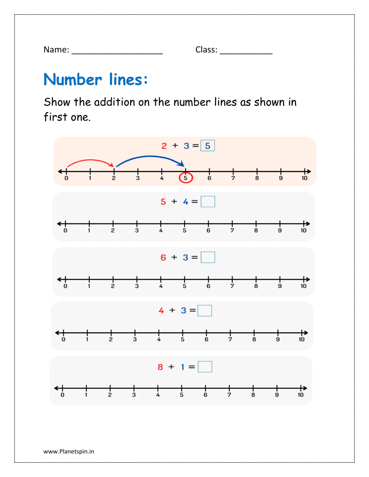 Addition worksheets with number line for kindergarten
