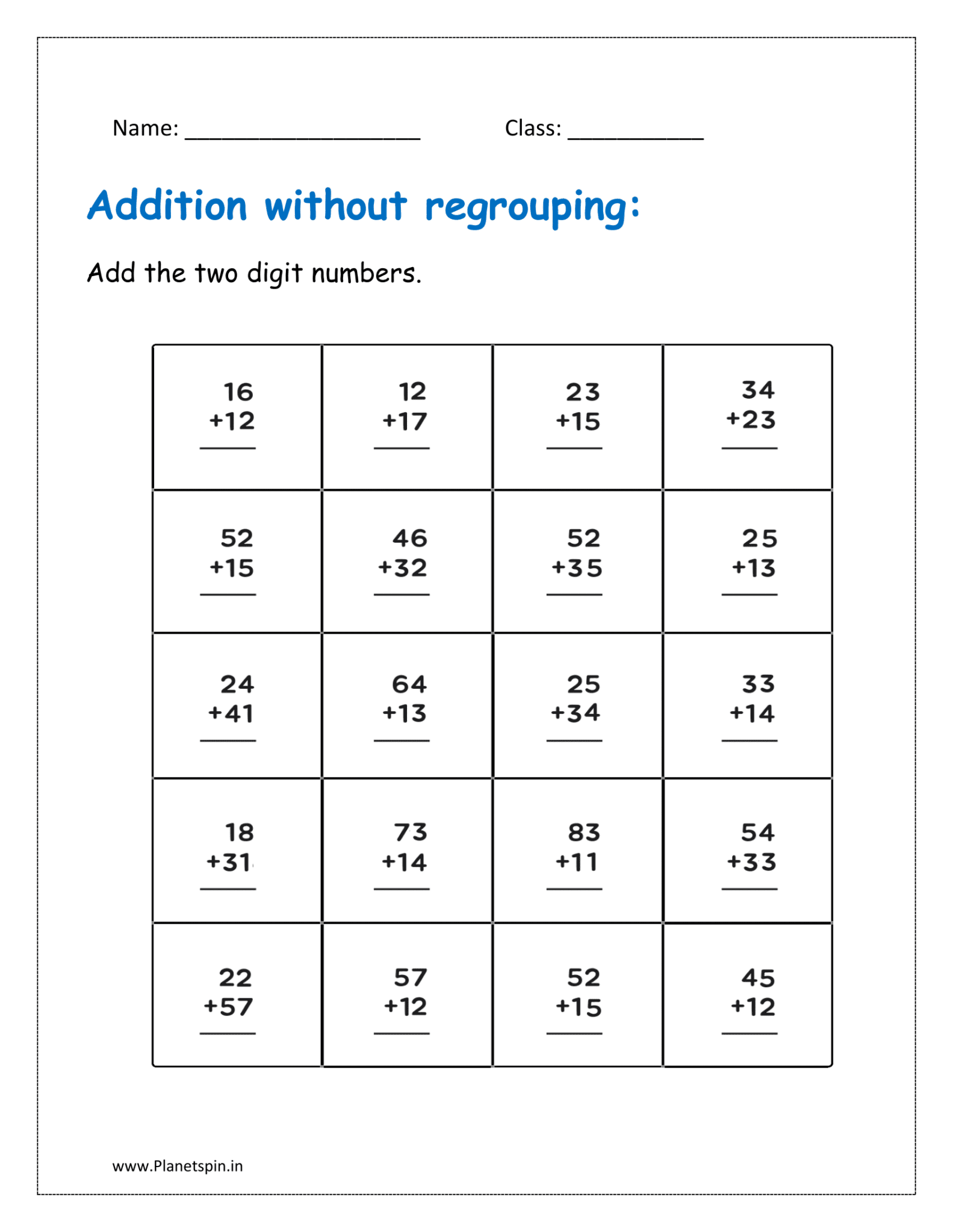 Addition without regrouping worksheets for grade 1