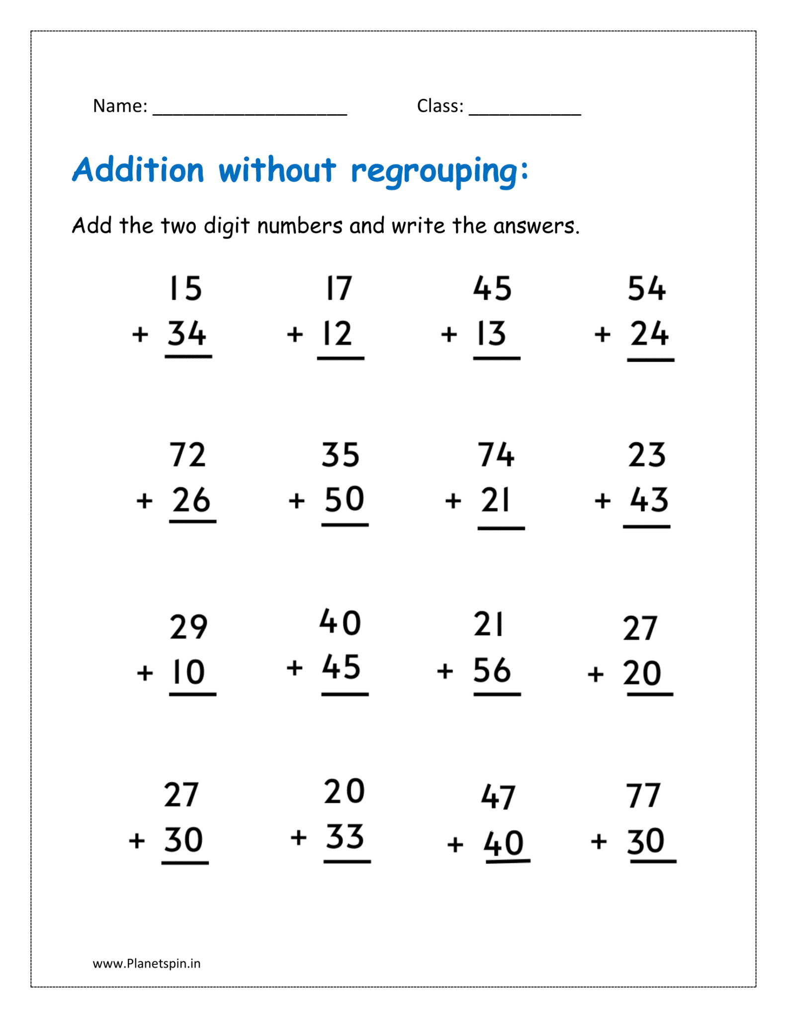 Addition without regrouping worksheets for grade 1