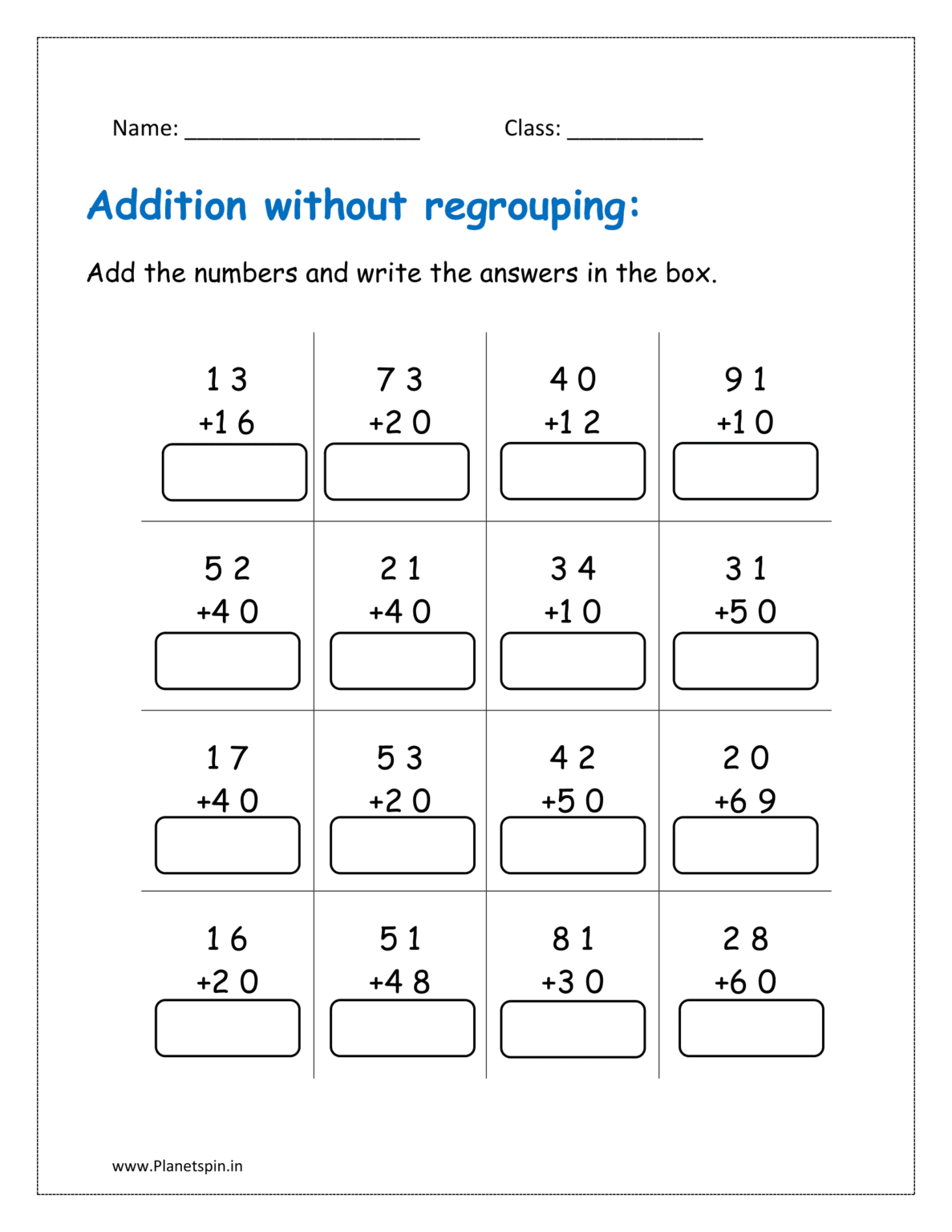 Addition without regrouping worksheets for grade 1