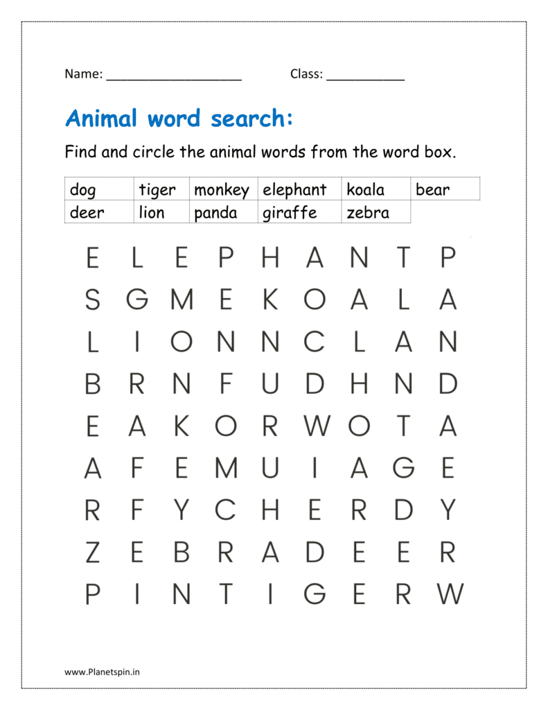 Kindergarten word search worksheets | Planetspin.in