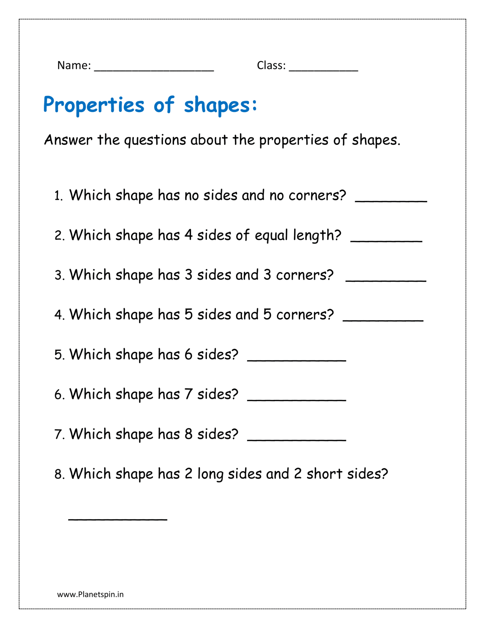 Attributes of 2D shapes worksheet for grade 1 | Planetspin.in