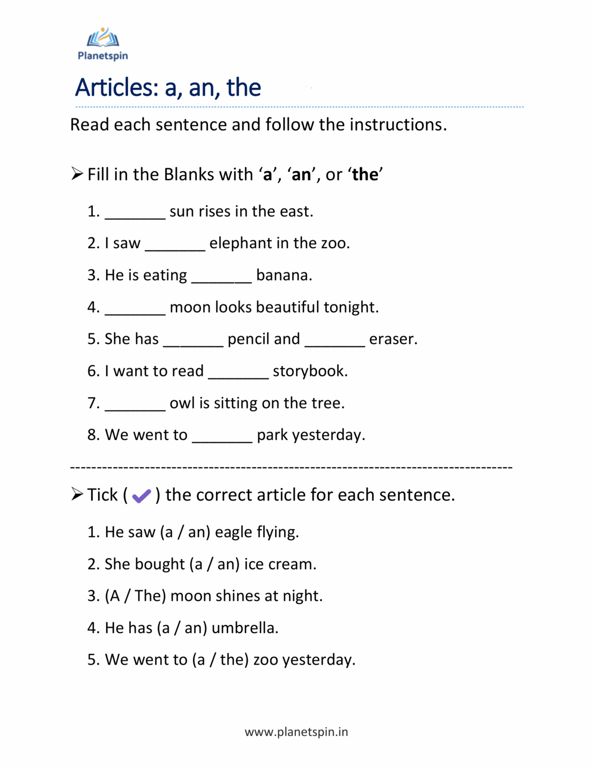 A an the worksheet for grade 2 | Planetspin.in