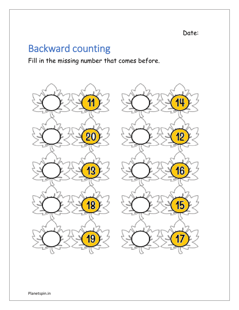 Backward counting worksheets for kindergarten | Planetspin.in