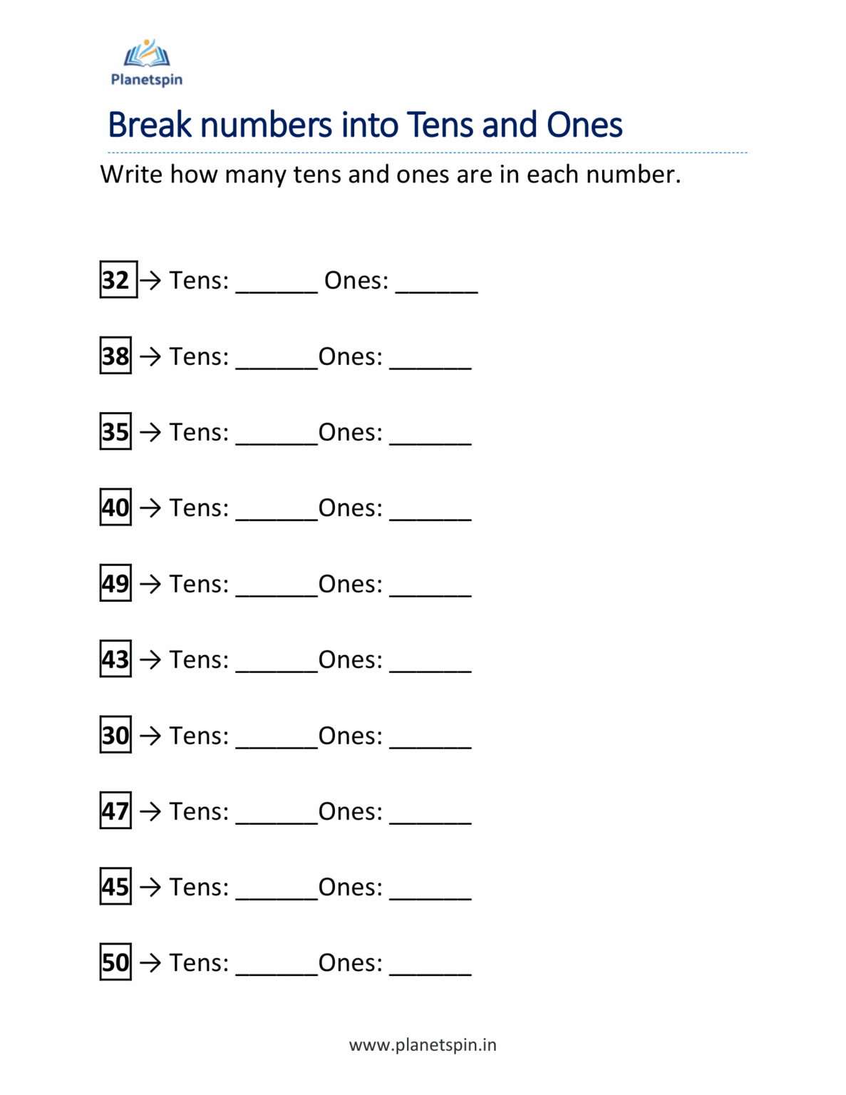 Decomposing numbers into tens and ones worksheets