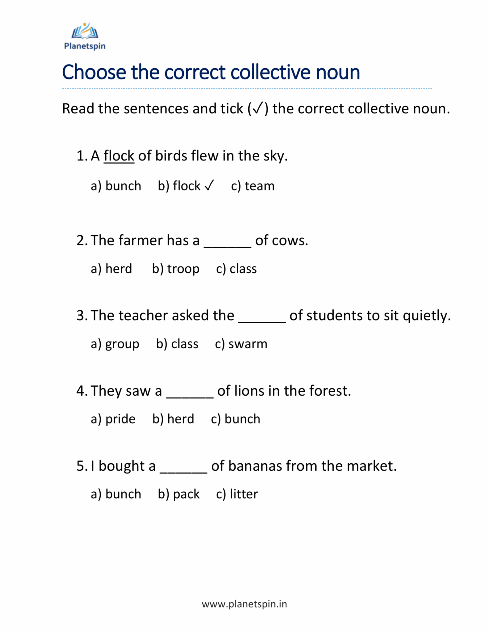 Collective nouns worksheet grade 2 | Planetspin.in