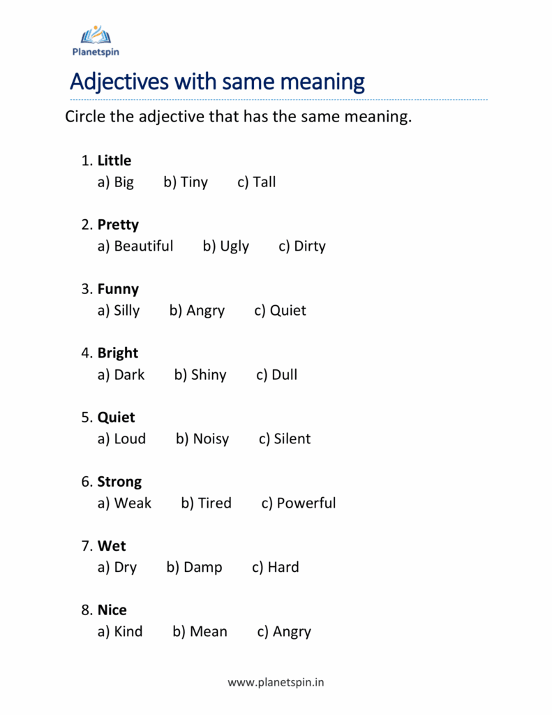 Adjectives with the same meaning worksheet grade 1