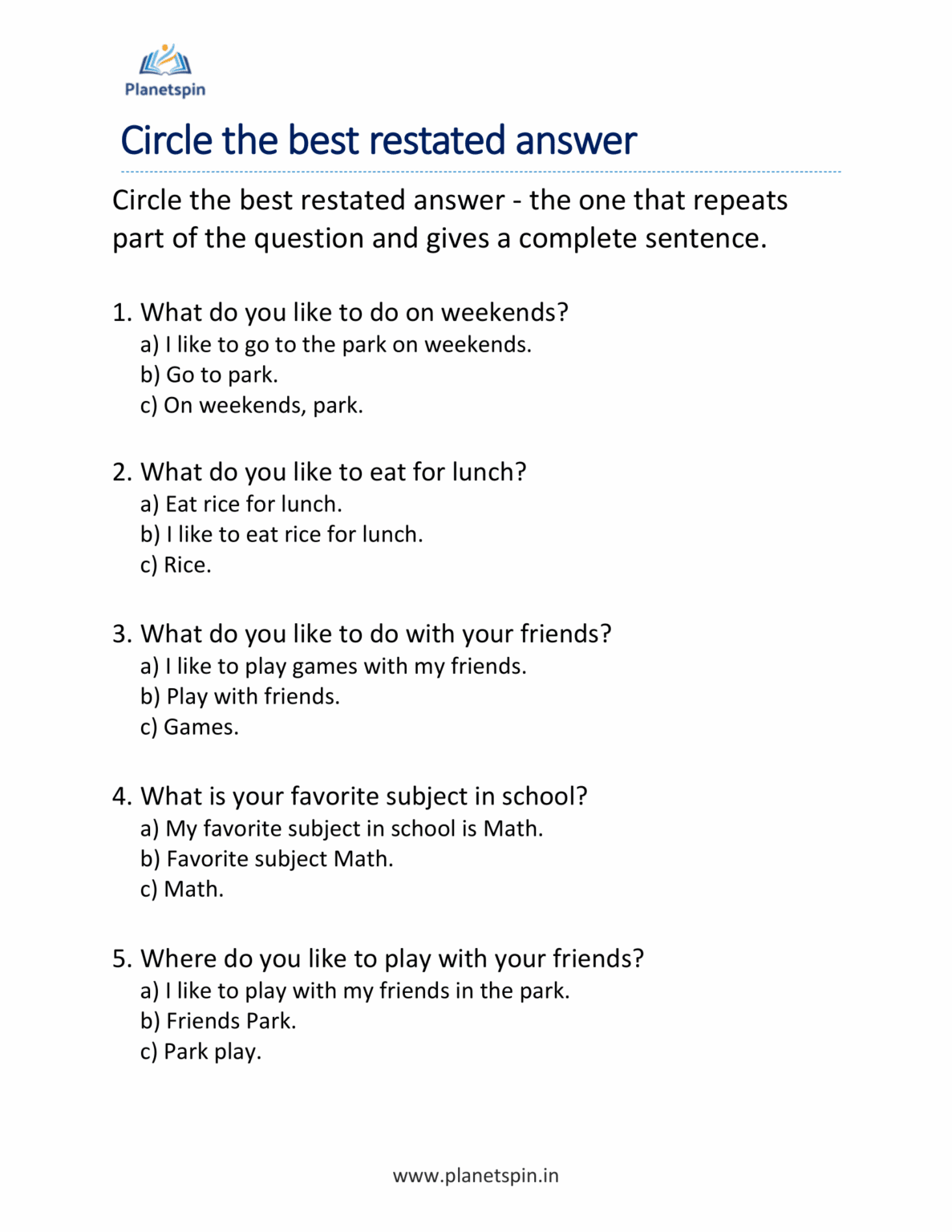 Restating the question worksheet for grade 2 | Planetspin.in