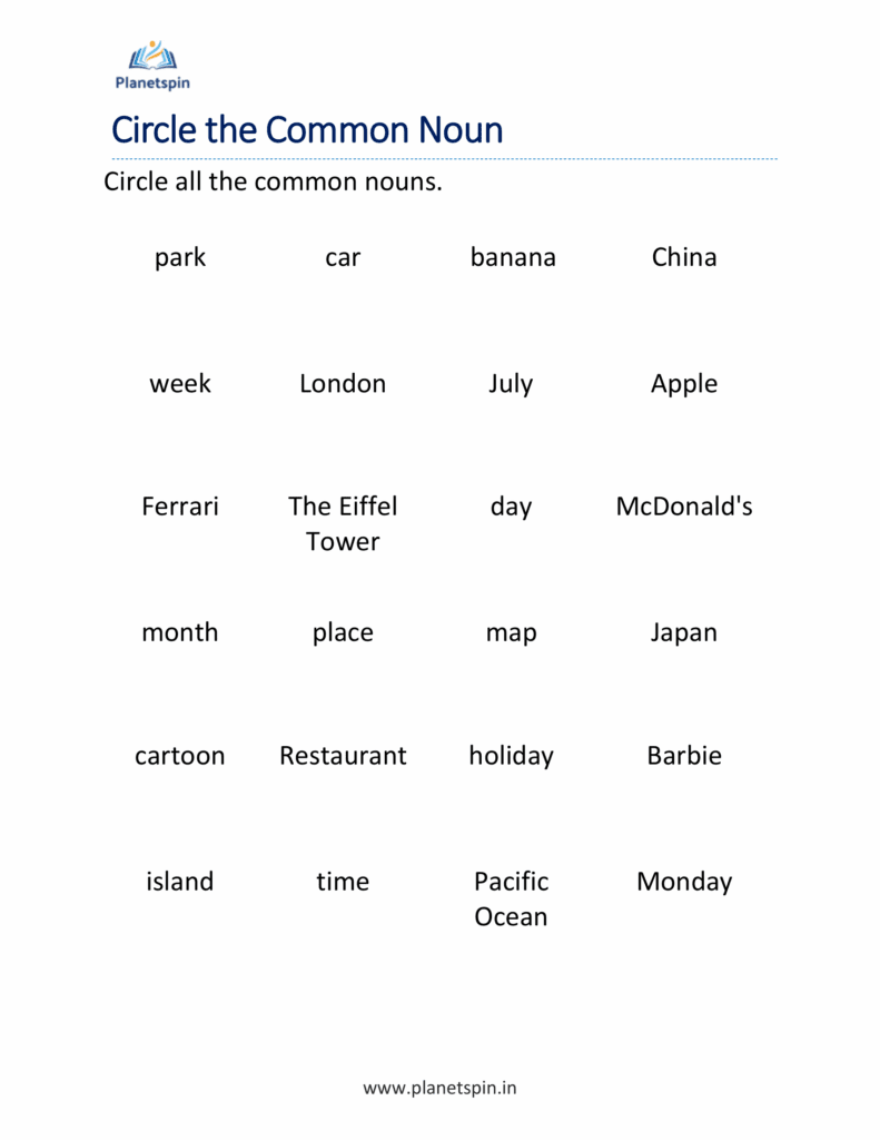 Worksheets for common and proper nouns for grade 1