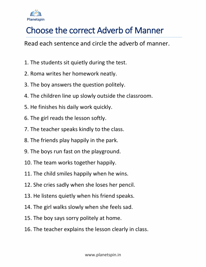 Adverbs of manner worksheet for grade 2 | Planetspin.in