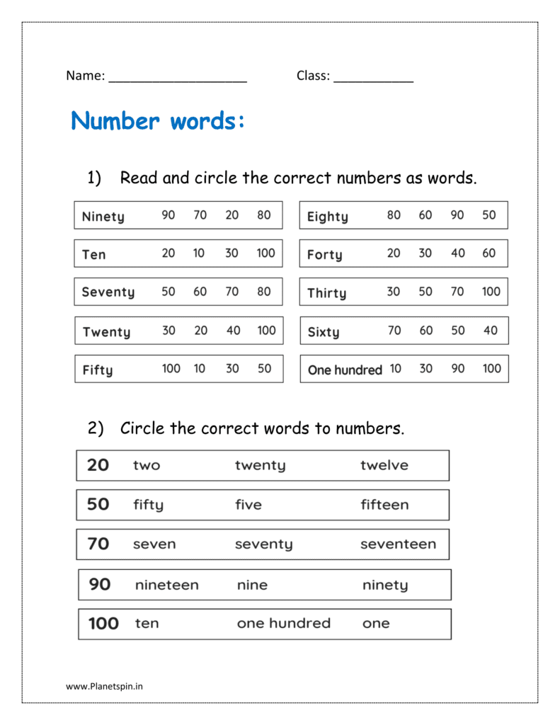 Matching numbers to number words worksheets | Planetspin.in