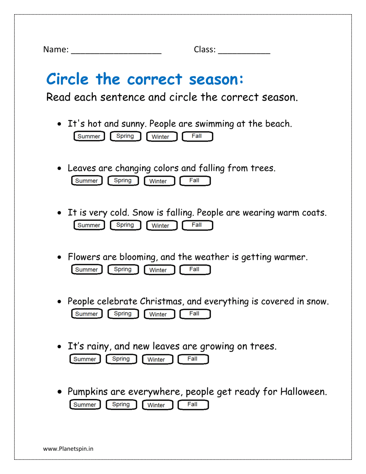 Seasons and months worksheet for kindergarten