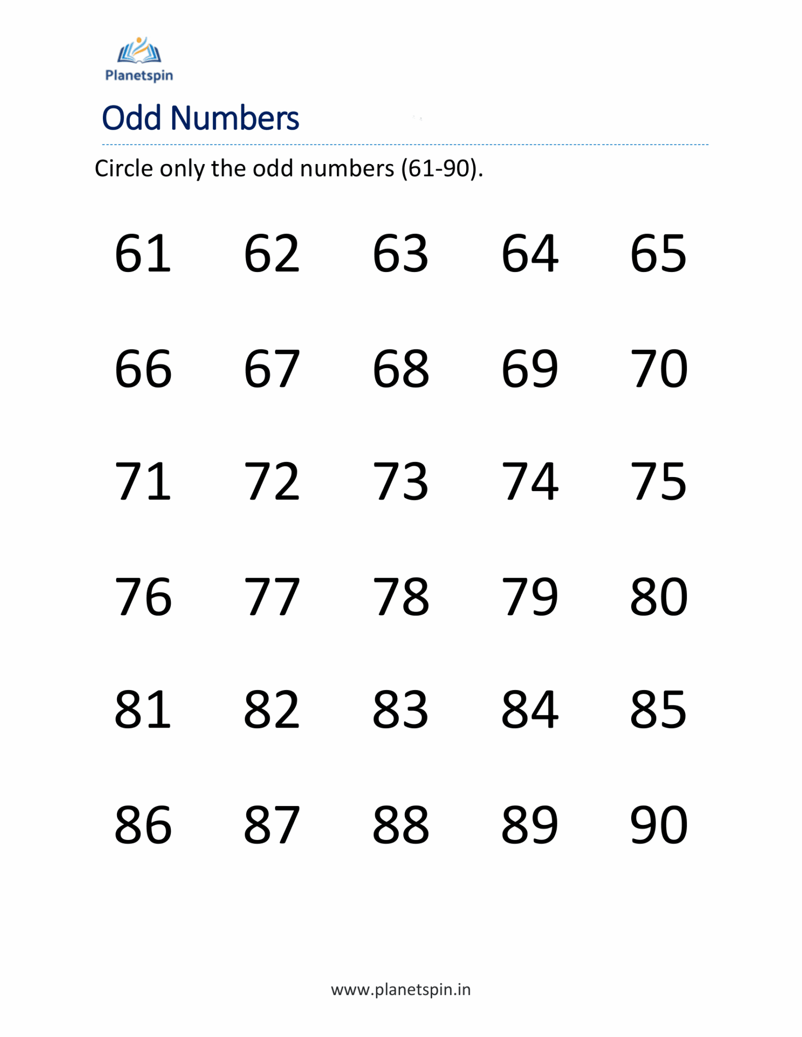 Odd numbers worksheet for kindergarten | Planetspin.in
