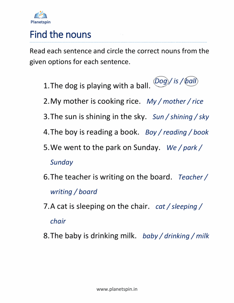 Identifying nouns in a sentence worksheet grade 2