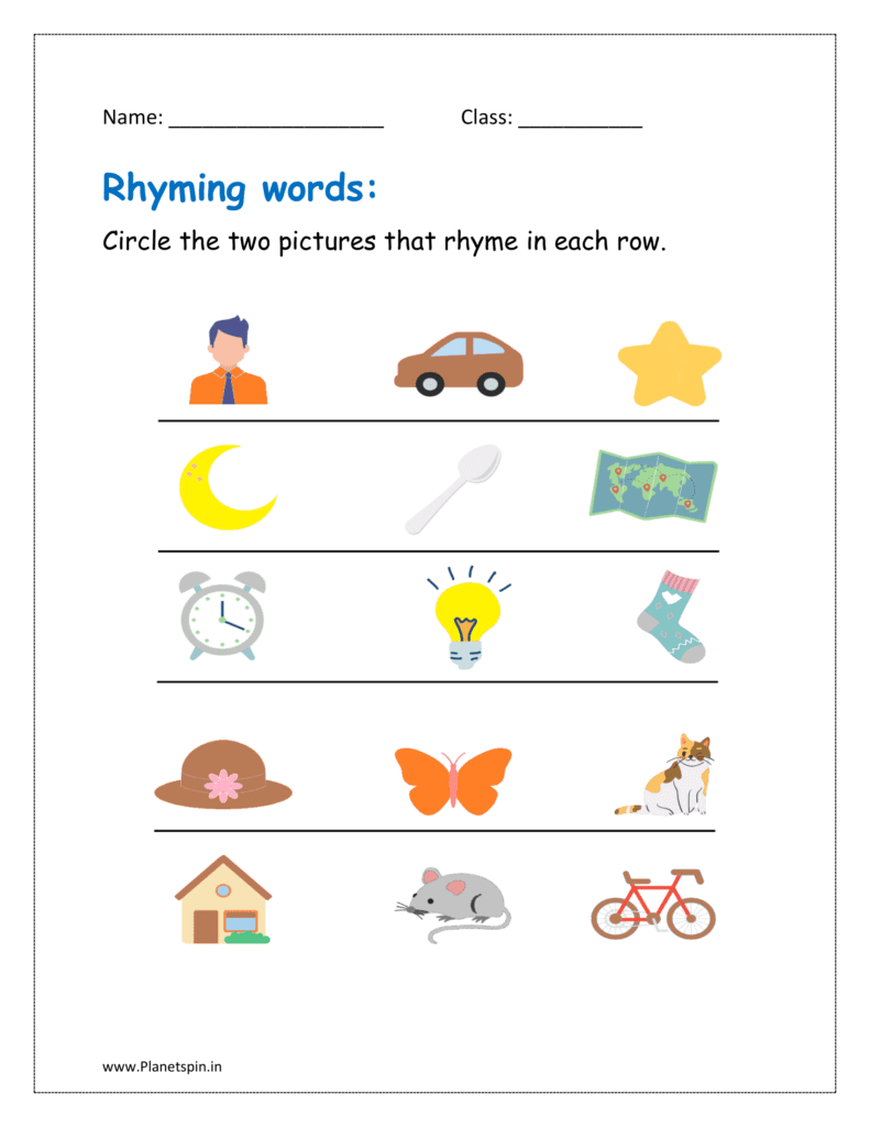Rhyming words worksheets PDF for kindergarten | Planetspin.in