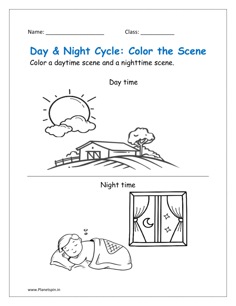 Day and night worksheet for grade 1 | Planetspin.in