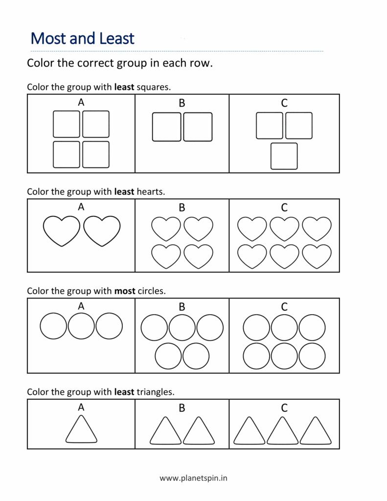 More Most Less Least worksheets for kindergarten | Planetspin.in