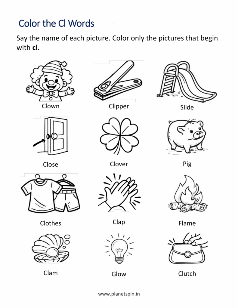 Cl blends worksheet for kindergarten | Planetspin.in