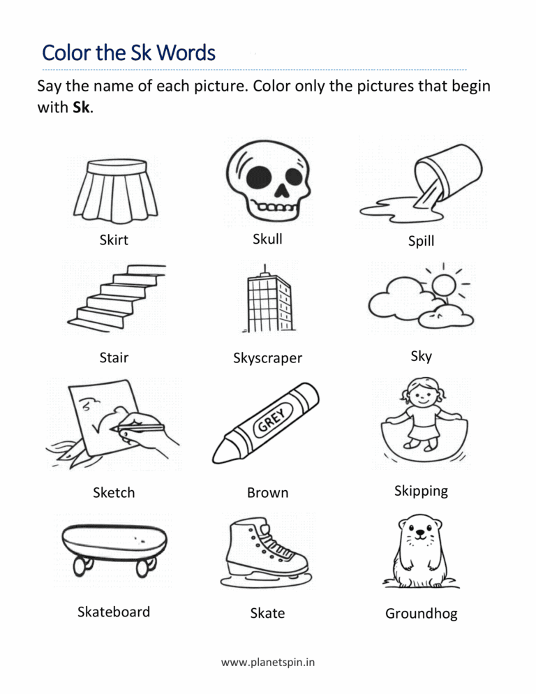 Free printable sk blends worksheets PDF for kindergarten