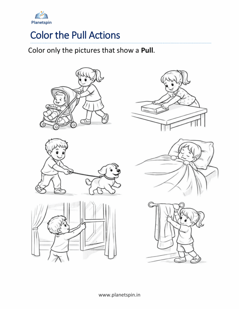 Push and pull coloring pages for kindergarten | Planetspin.in