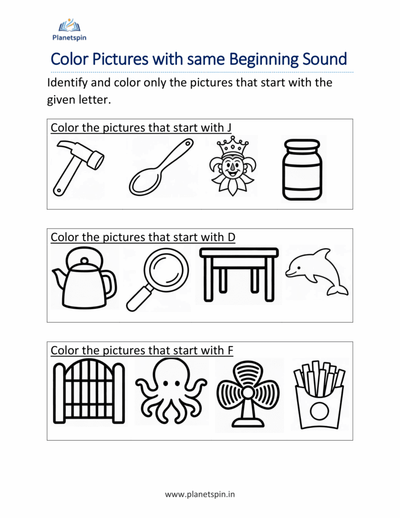 Colour the pictures that begin with the letter sound | Planetspin.in
