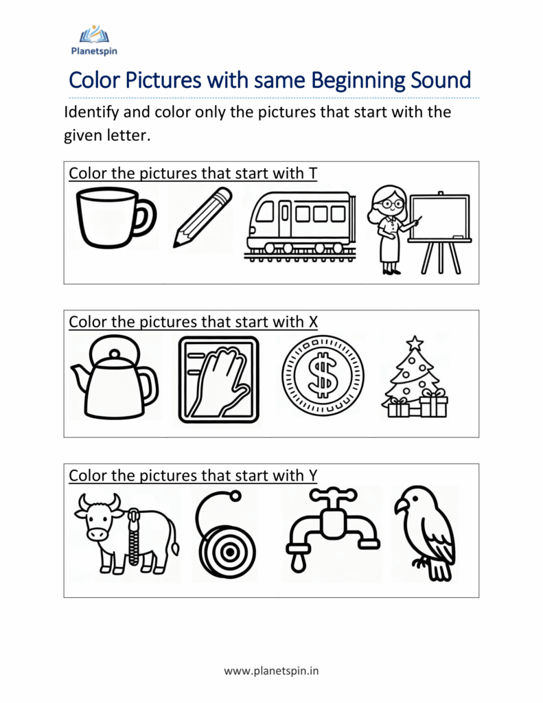 Colour the pictures that begin with the letter sound | Planetspin.in