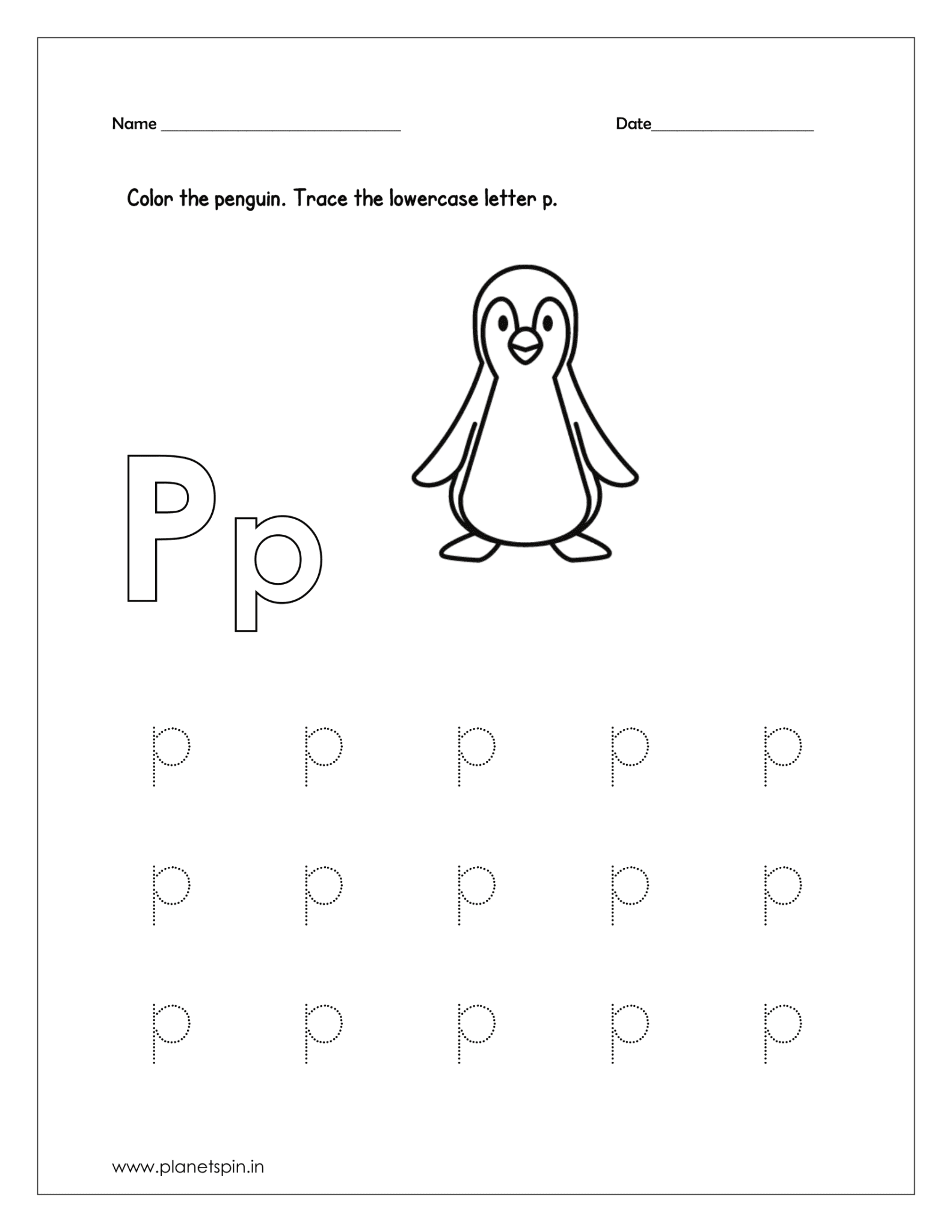 Lowercase p worksheet for tracing | Planetspin.in