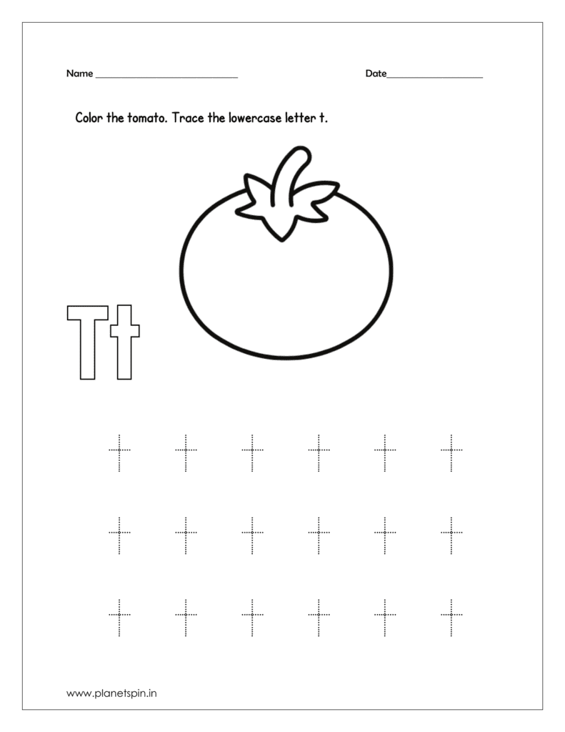 Free printable lowercase letter t tracing worksheet (PDF)