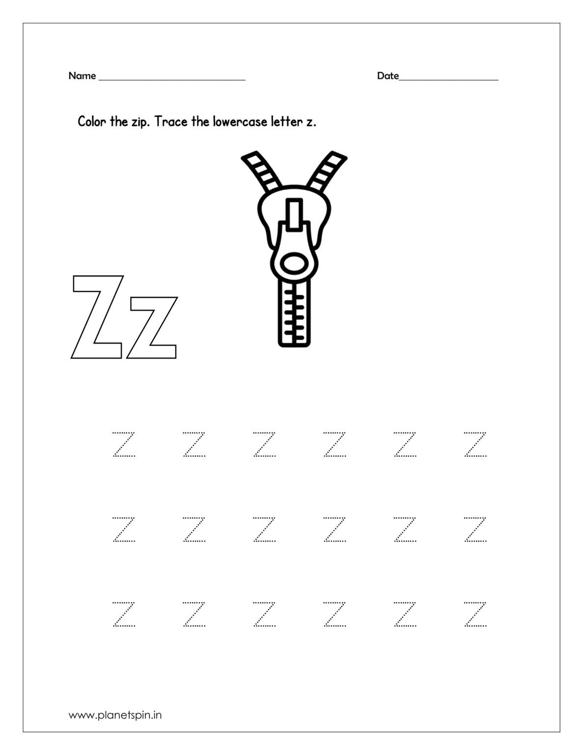 Free printable lowercase letter z tracing worksheet (PDF)