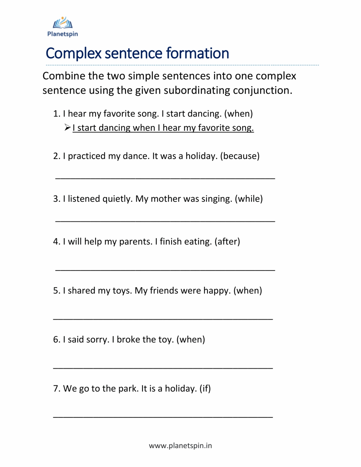 Complex sentences worksheet for grade 2 | Planetspin.in
