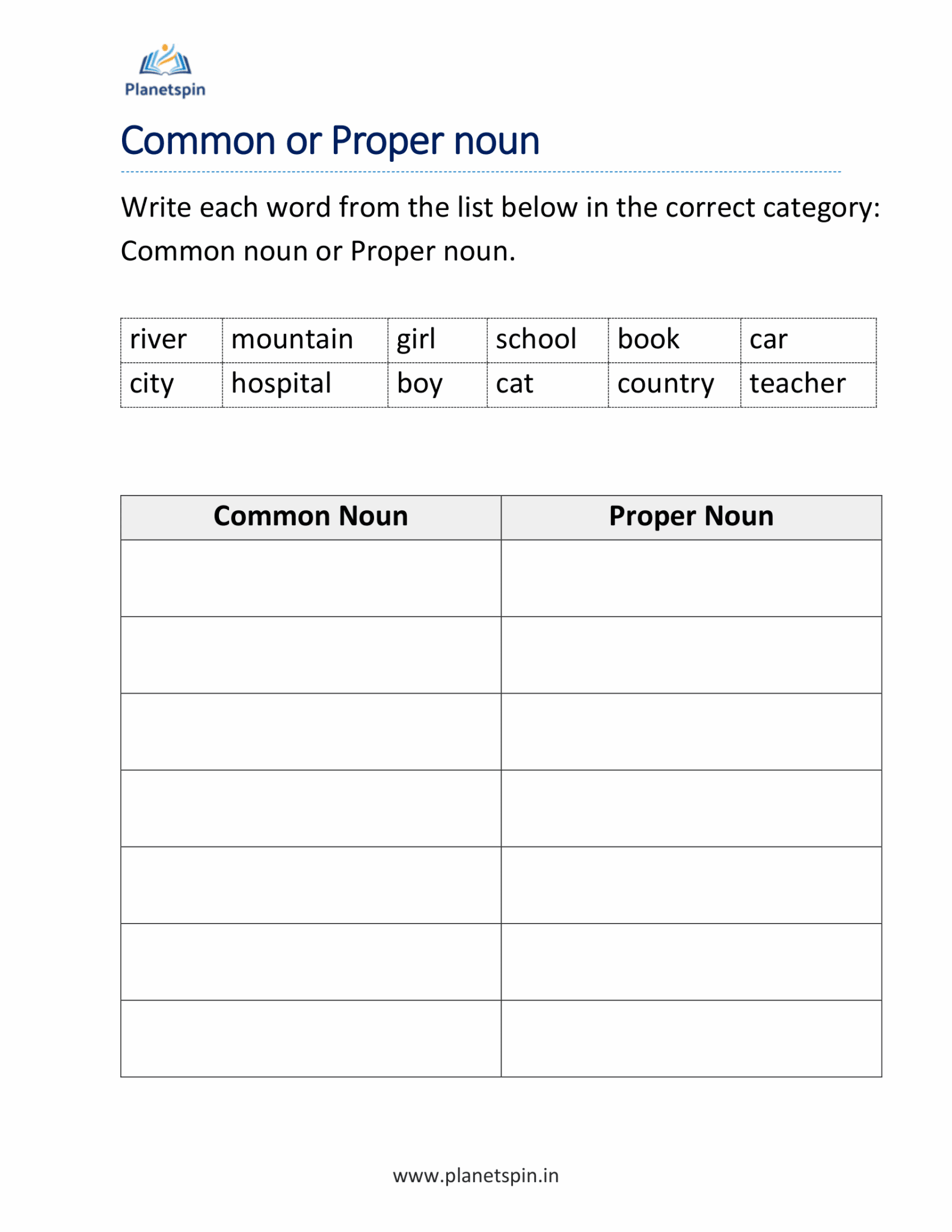 Common and proper nouns worksheets for grade 2 | Planetspin.in