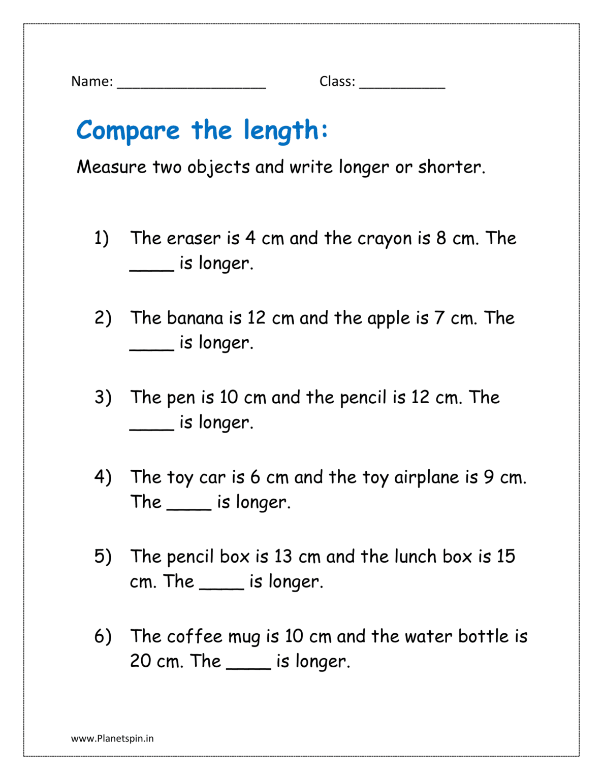 Length and height worksheets for kindergarten | Planetspin.in