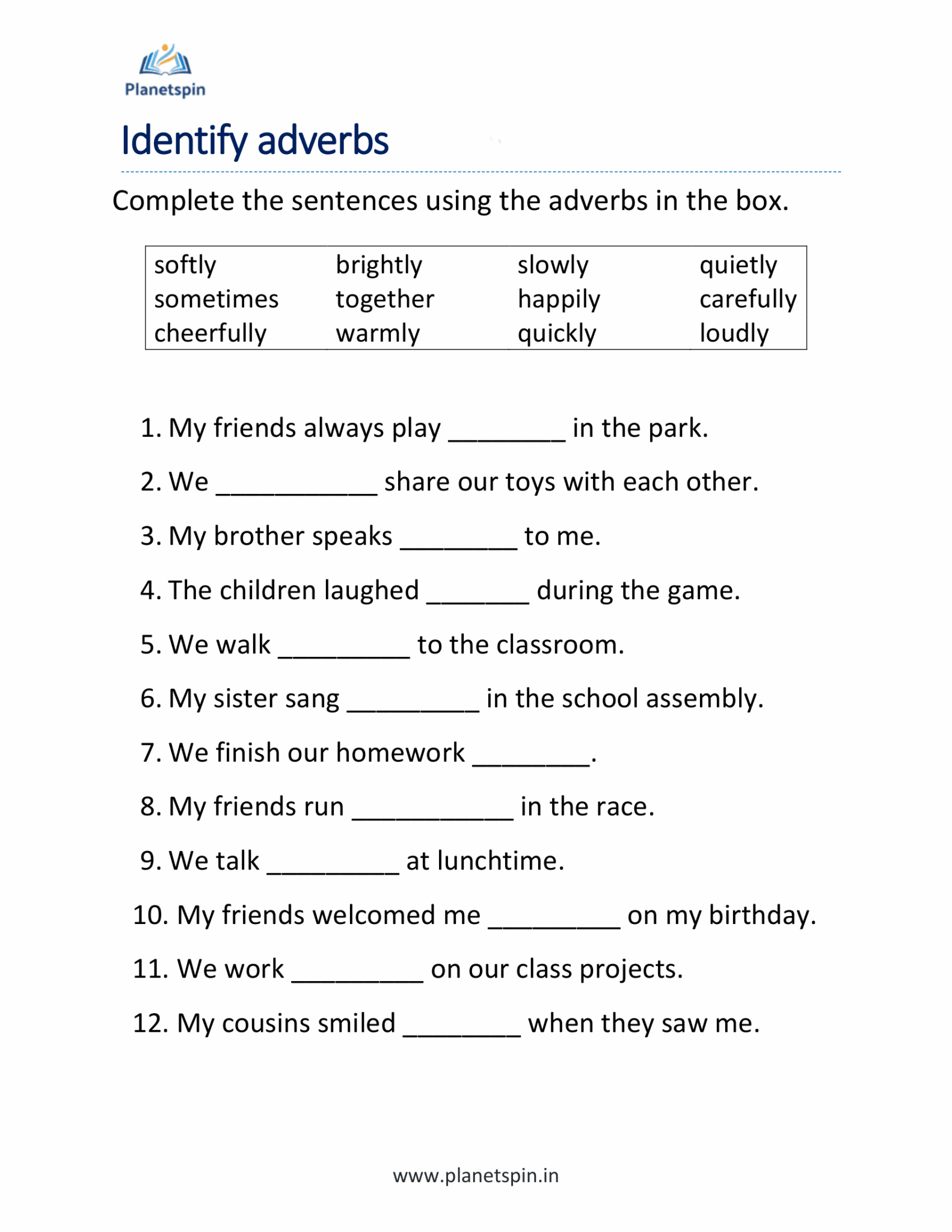 Identify the adverbs worksheet for grade 2 | Planetspin.in