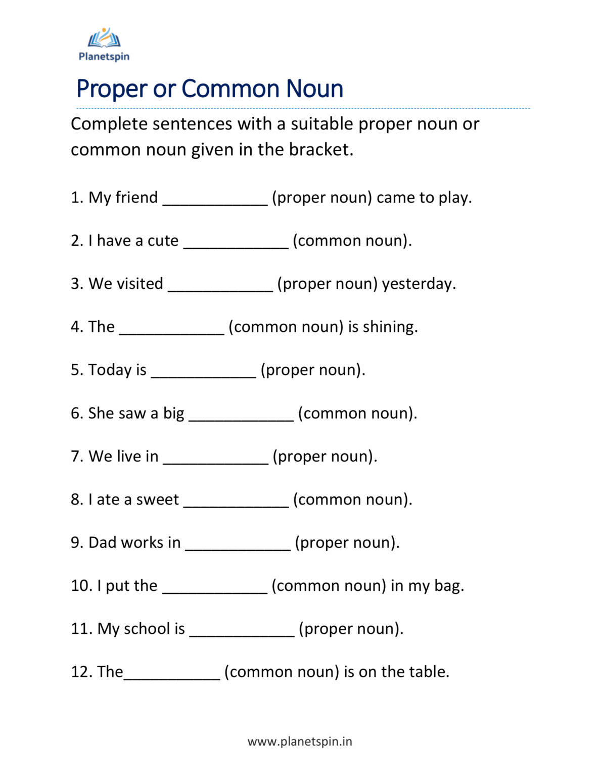 Worksheets for common and proper nouns for grade 1