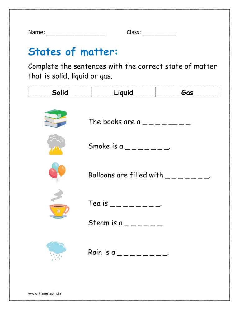 Solid liquid gas worksheet - The States of matter | Planetspin.in