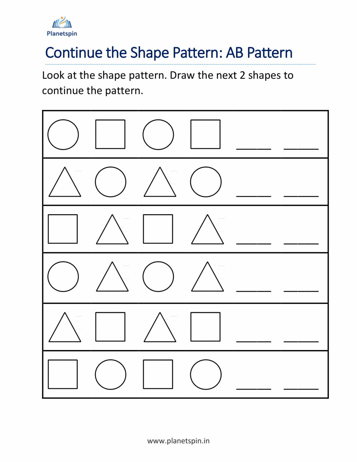 Continue the Shape Pattern worksheet | Planetspin.in