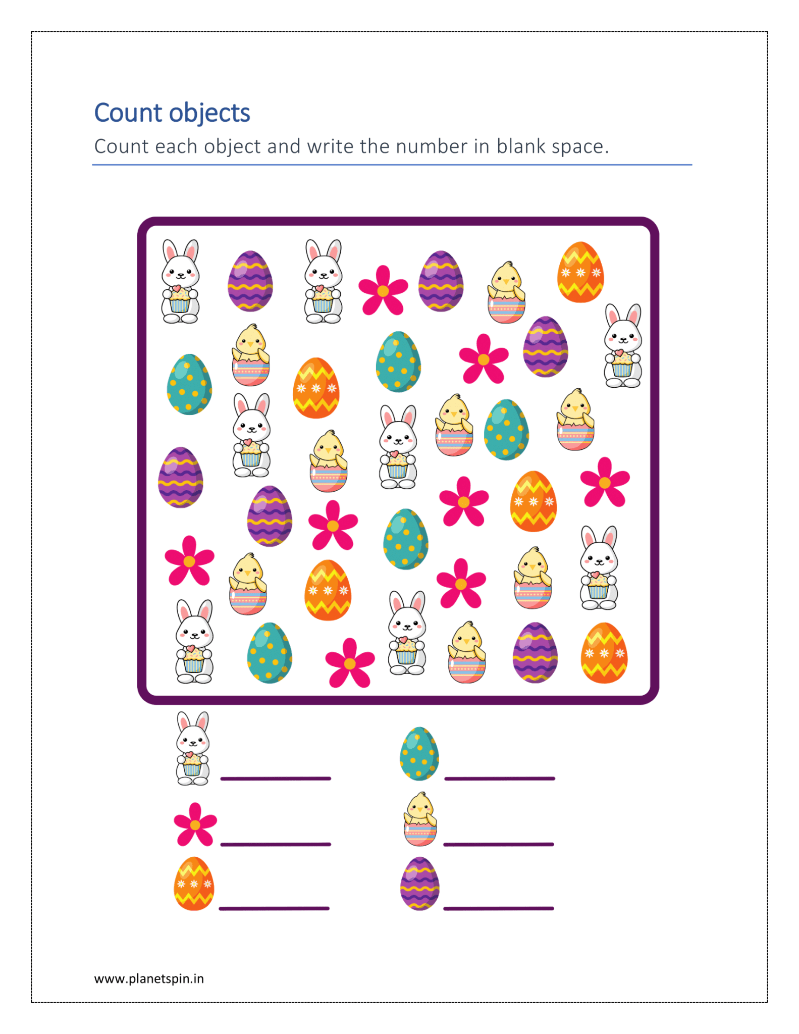 Count the pictures and write the number worksheet | Planetspin.in