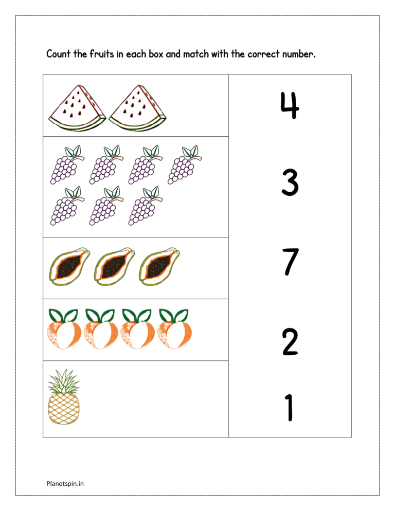 Match the number with picture worksheets | Planetspin.in
