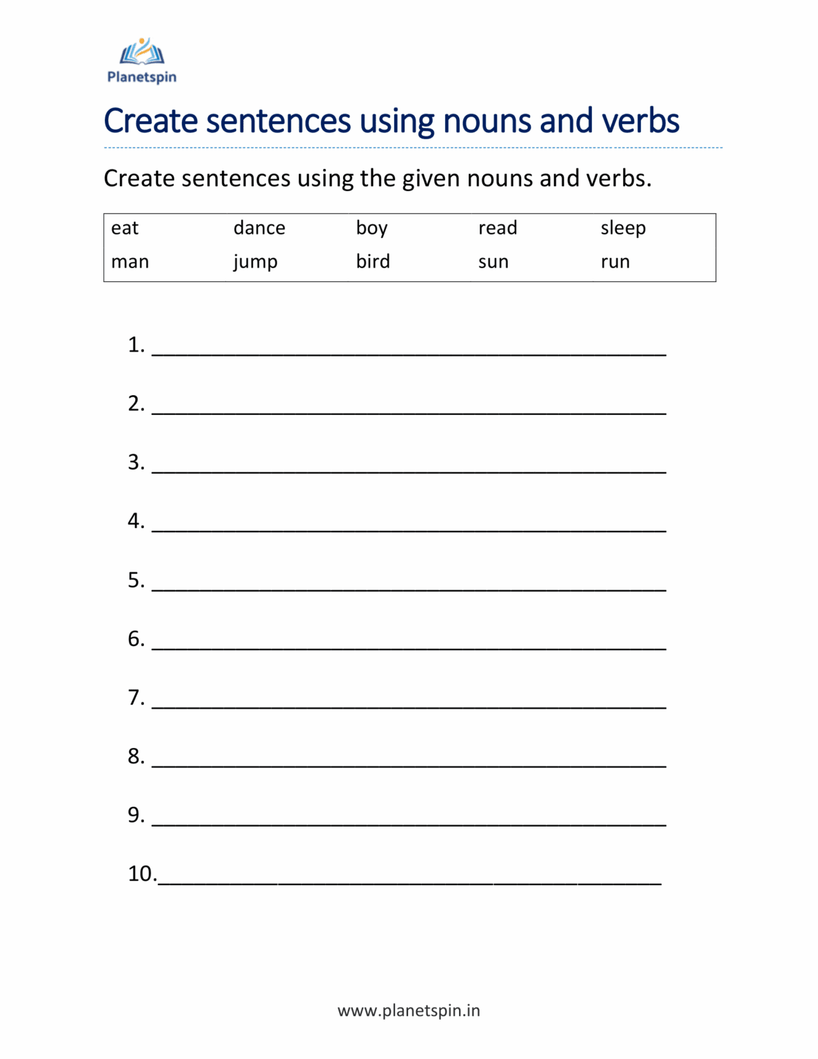 Identifying nouns and verbs worksheet in sentences for grade 2