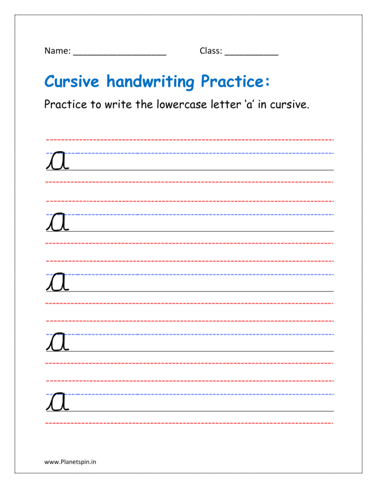 Cursive letter a worksheet | Planetspin.in