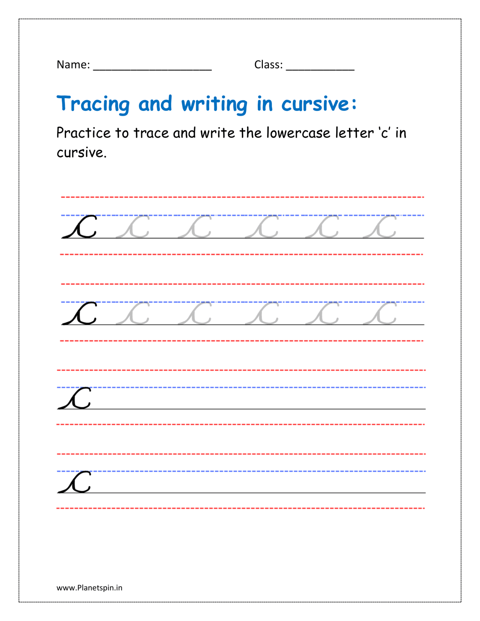 Free printable cursive letter c worksheet PDF | Planetspin.in