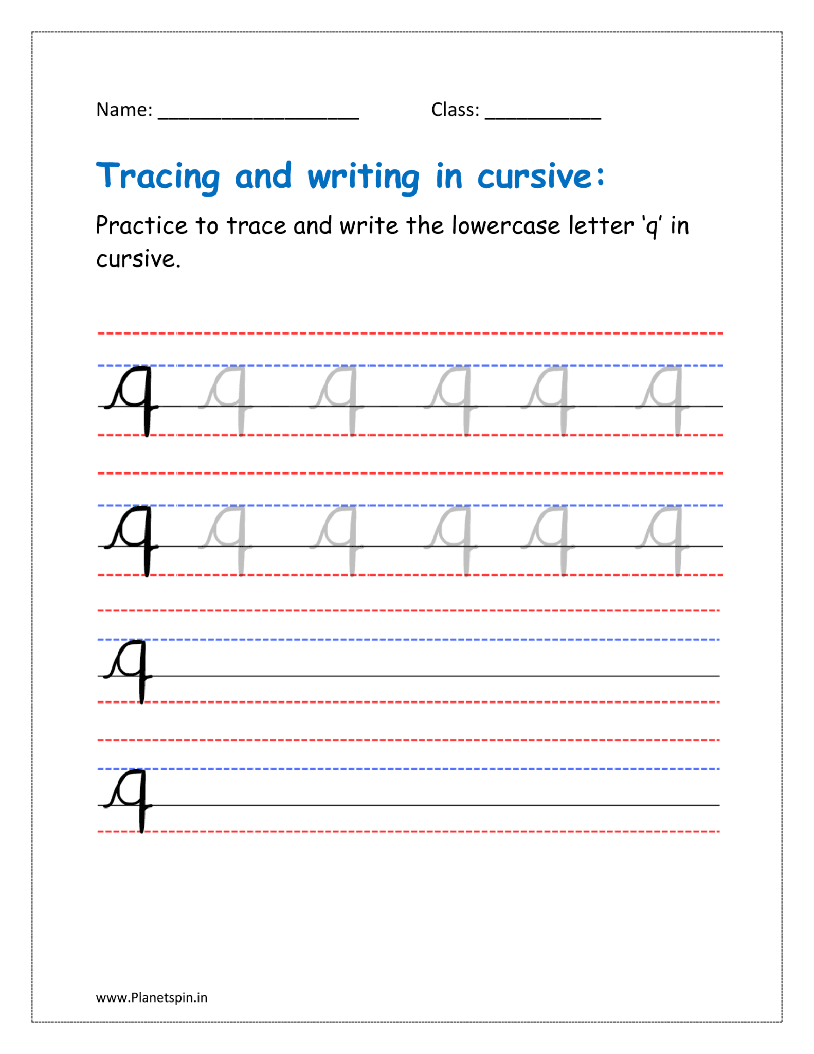 Free printable cursive q worksheet for kids (Free Printable)