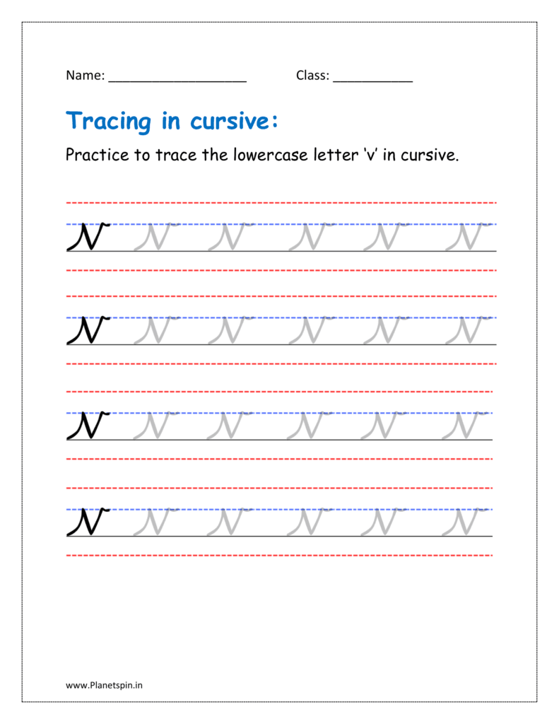 V in cursive lowercase worksheets PDF free | Planetspin.in
